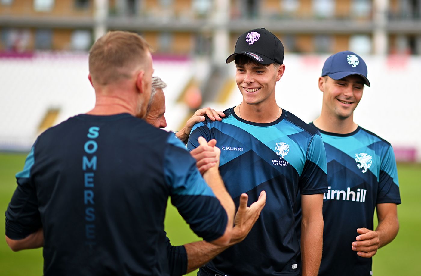 Archie Vaughan receives his Somerset cap from Steve Kirby ...