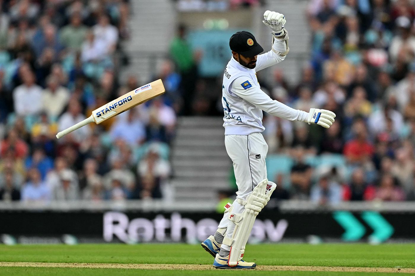 Dhananjaya de Silva tosses the bat away after thinking he had holed out ...