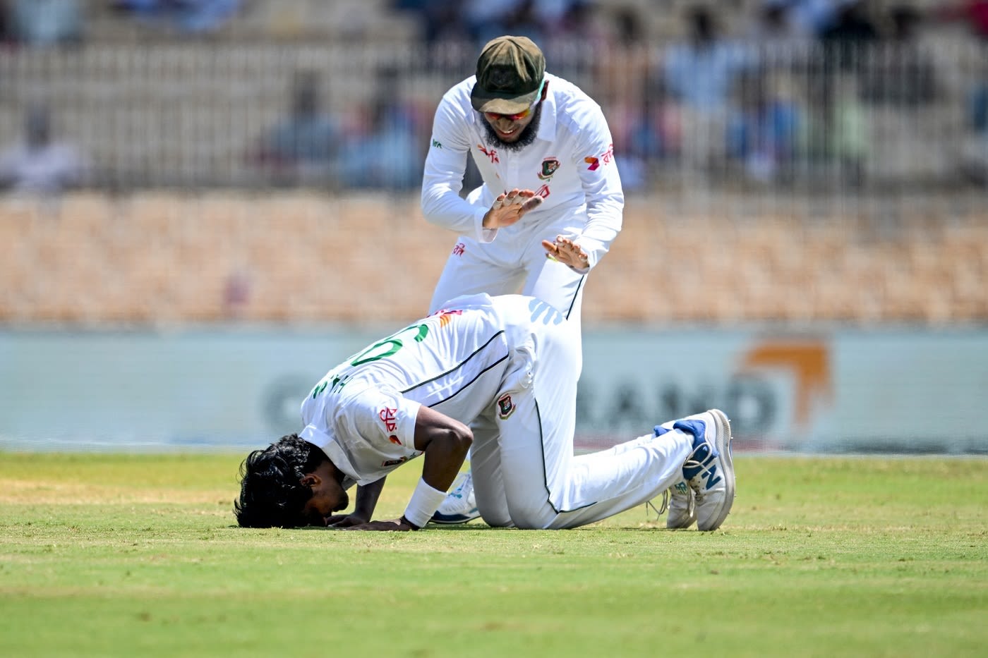 Hasan Mahmud performs the sajda after completing his five-wicket haul ...
