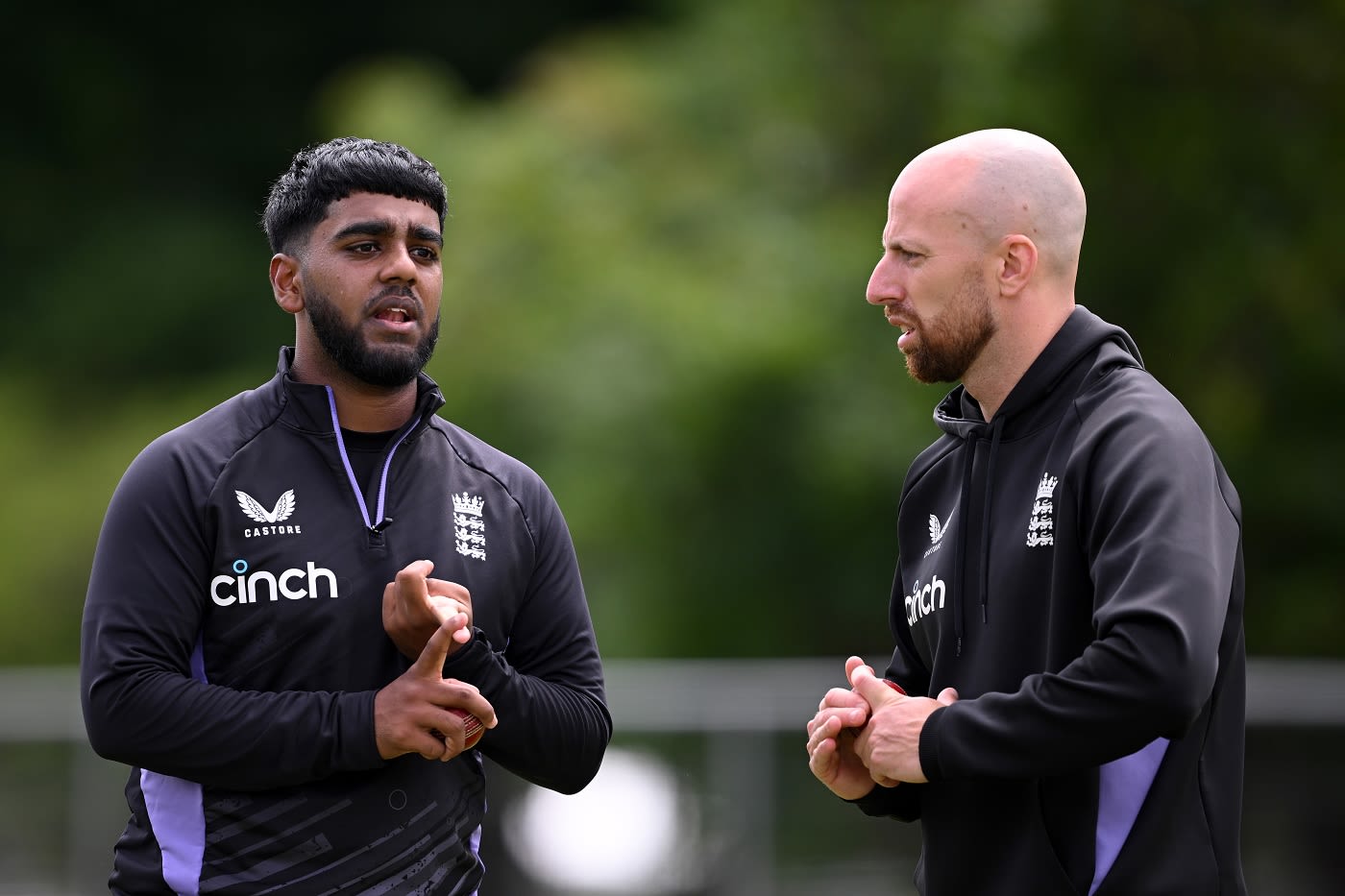 Rehan Ahmed and Jack Leach chat during a training session ...