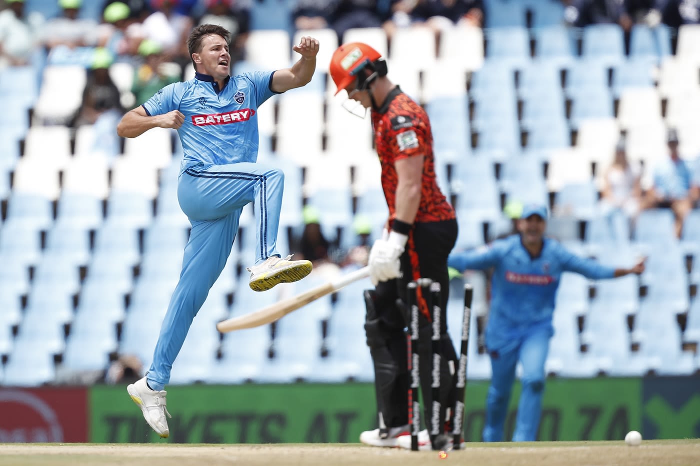 Migael Pretorius struck with her second ball to dismiss Tom Abell ...
