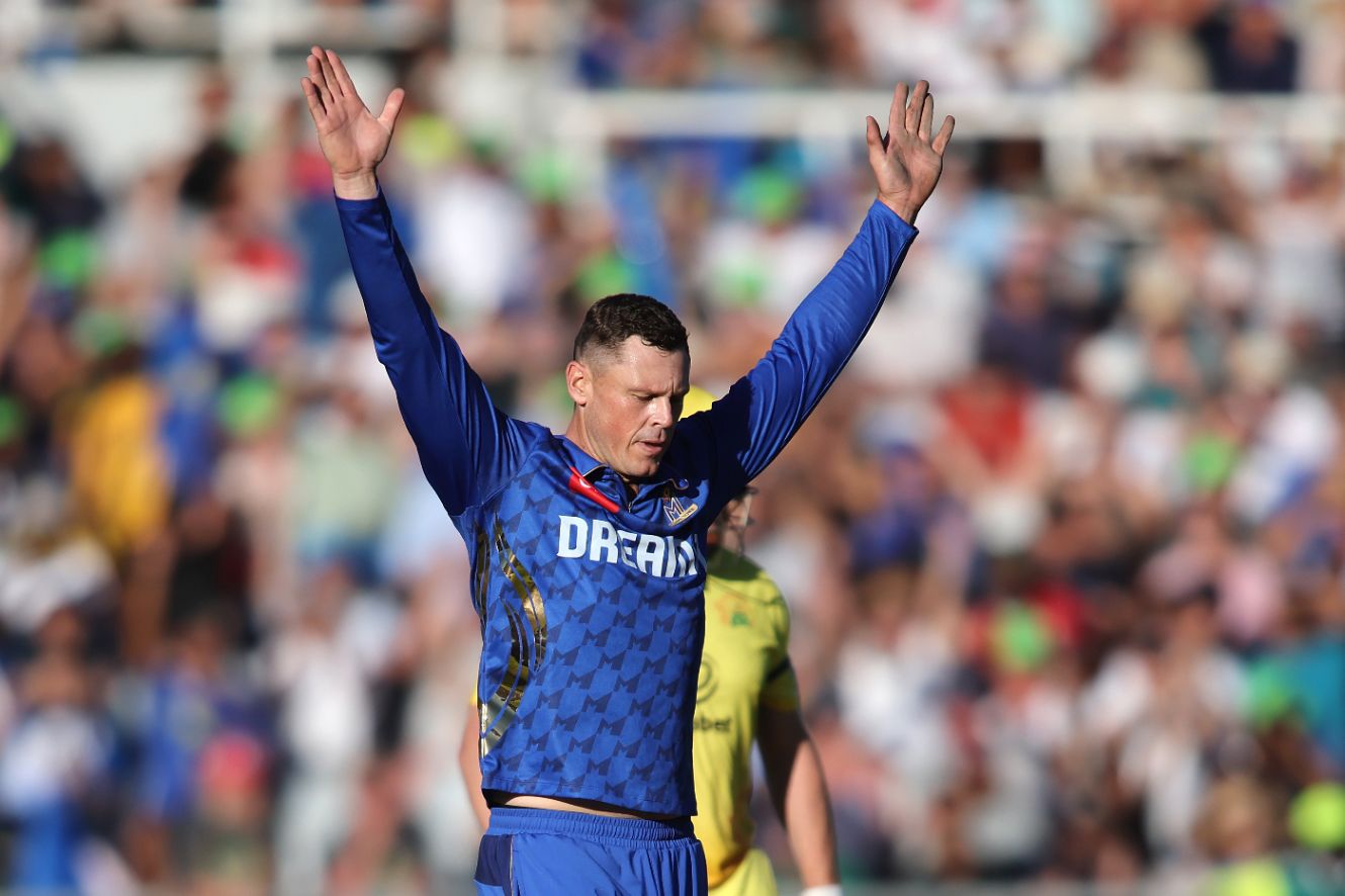 George Linde celebrates getting the wicket of Leus Du Plooy ...