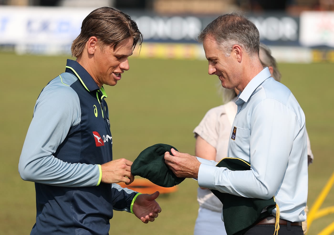 Cooper Connolly receives his debut cap from Simon Katich | ESPNcricinfo.com