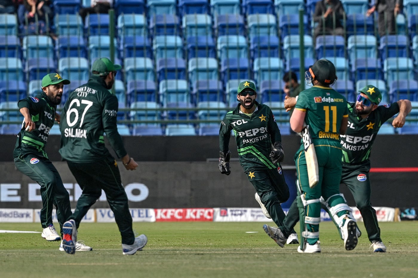Saud Shakeel, Salman Agha, Mohammad Rizwan and Kamran Ghulam celebrate wildly after Temba Bavuma ...