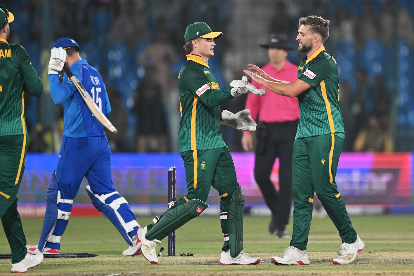 Ryan Rickelton and Wiaan Mulder celebrate after getting rid of Noor ...