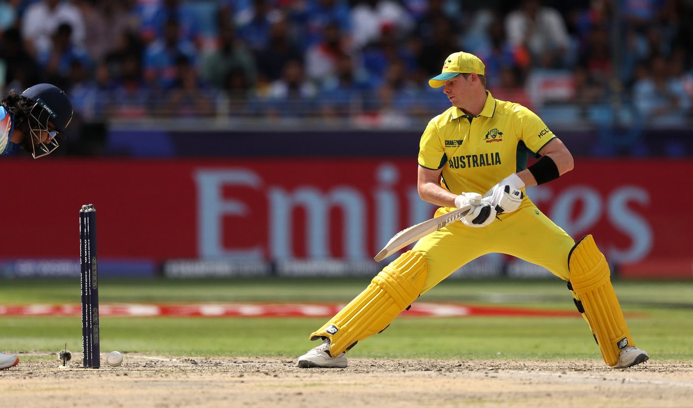 Steven Smith sees an inside edge off the pads roll onto the stumps ...