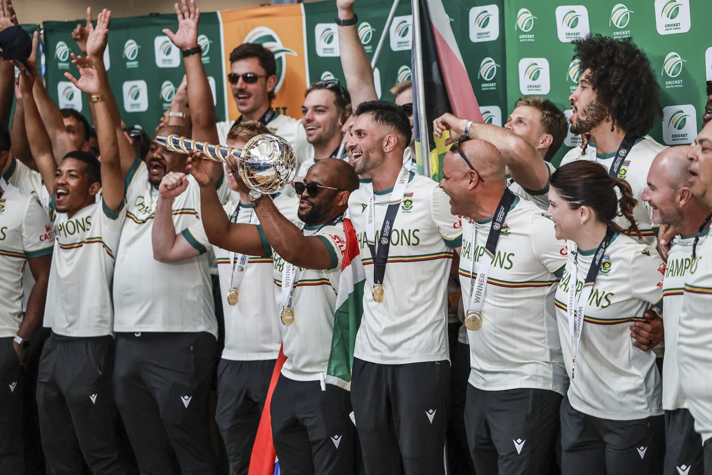 The victorious South African team return home with the WTC mace ...
