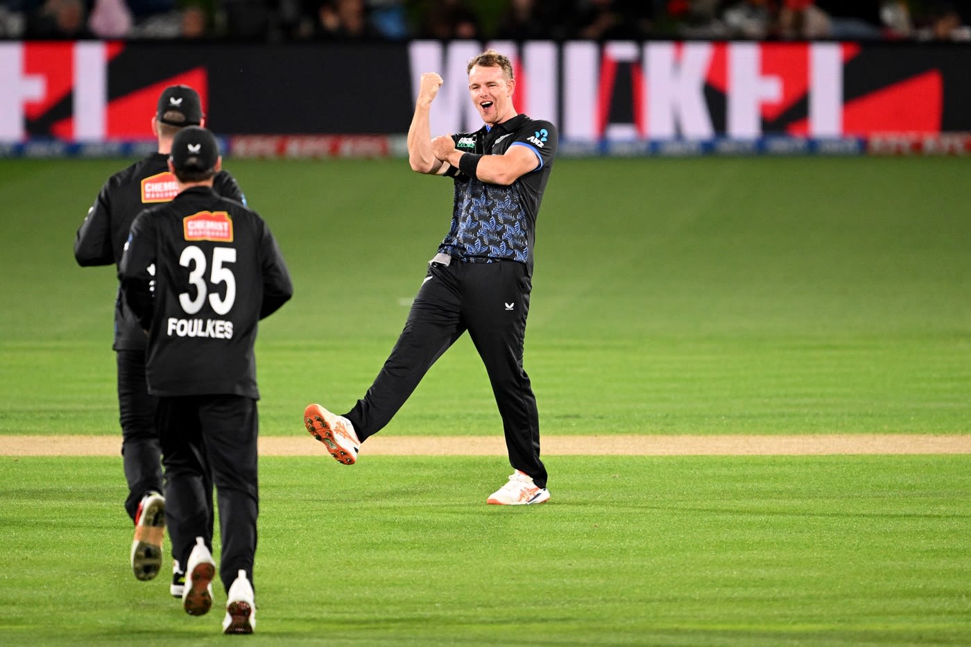 Josh Clarkson flexes his muscles after a first-ball wicket ...