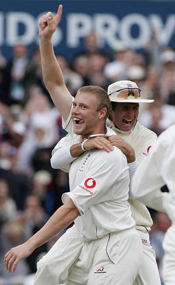 A delighted Andrew Flintoff after removing Matthew Hayden ...