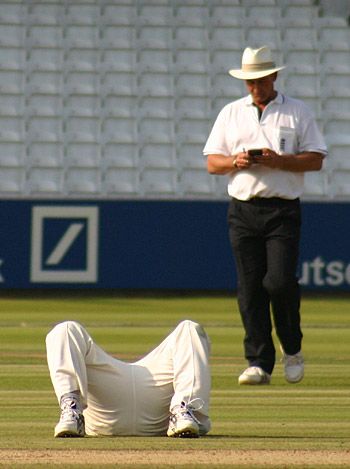 Mushtaq Ahmed prostrate after dropping a caught-and-bowled chance ...