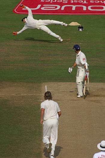 Adam Gilchrist swoops to catch Michael Vaughan | ESPNcricinfo.com