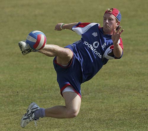 Paul Collingwood volleys a football during the nets | ESPNcricinfo.com