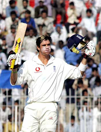 Phew ... after a few alarms Kevin Pietersen brings up his century ...