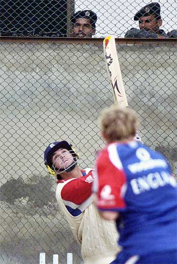 Bosh! Kevin Pietersen strikes out under the watchful eye of the ...
