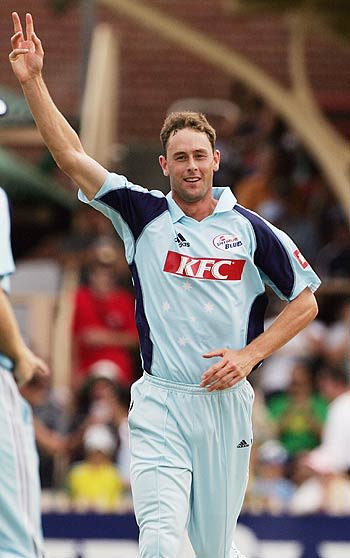 Matthew Nicholson celebrates the first-ball wicket of Nathan Reardon ...
