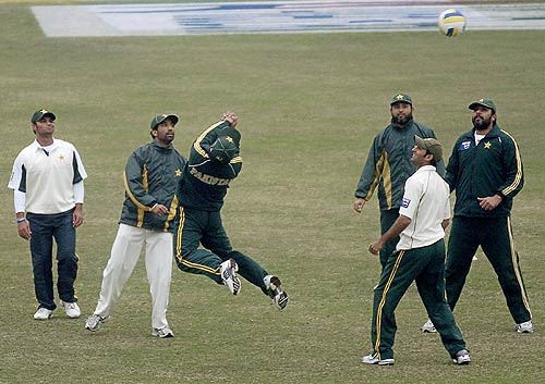 Pakistani cricketers make good use of a football during down time ...