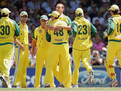 Smiles all around after Stuart Clark struck to dismiss Jehan Mubarak ...