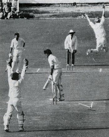Tony Greig leaps in delight as he bowls Salim Durani for 4 ...