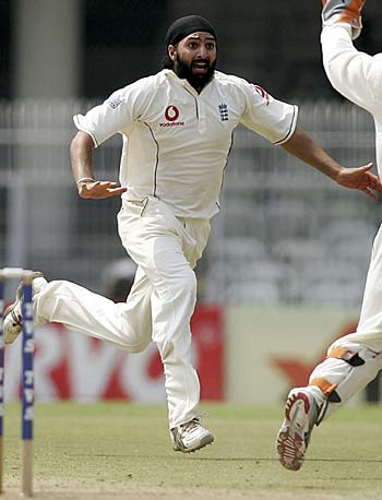 A delighted Monty Panesar celebrates his first Test wicket ...