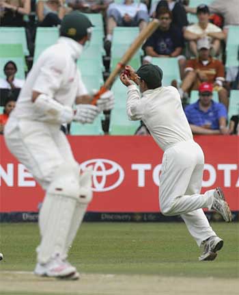 Graeme Smith edges the first ball of the innings to Justin Langer at ...