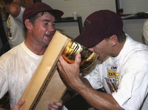 Jimmy Maher and Andy Bichel celebrate the victory in style ...