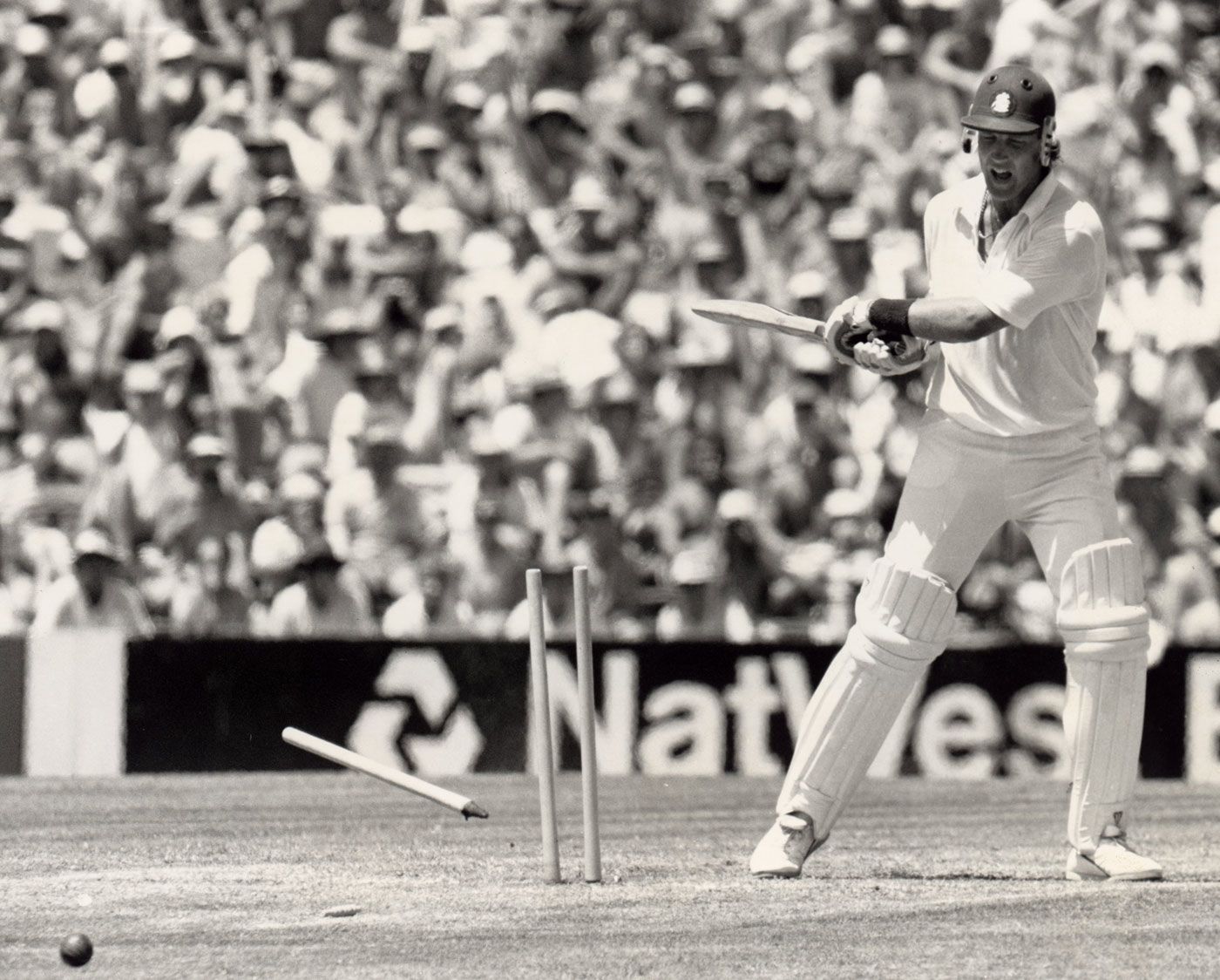 Chris Broad smashes over his stumps after being bowled | ESPNcricinfo.com