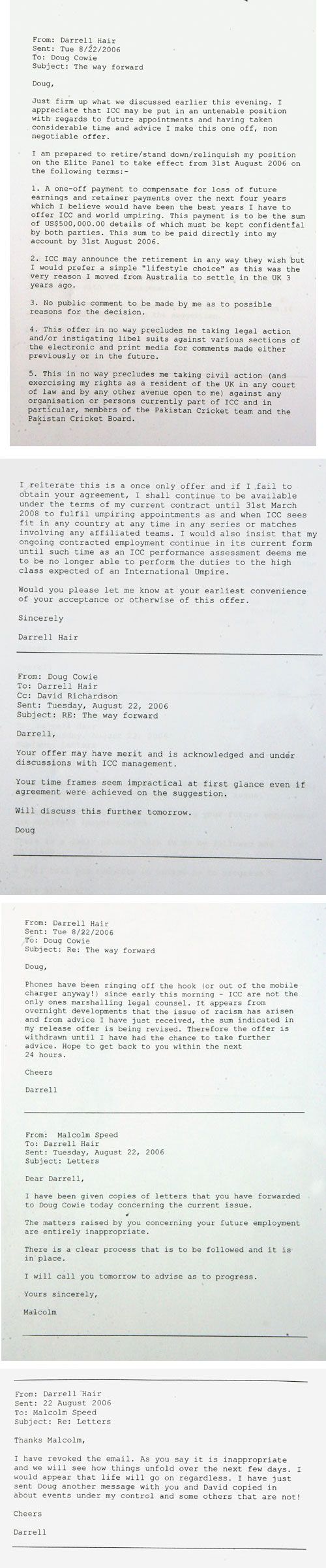 The email exchanges between Darrell Hair, Doug Cowie and Macolm Speed ...