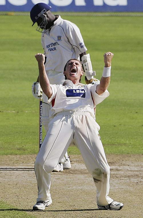 The diffident Dominic Cork celebrates Ottis Gibson's wicket ...