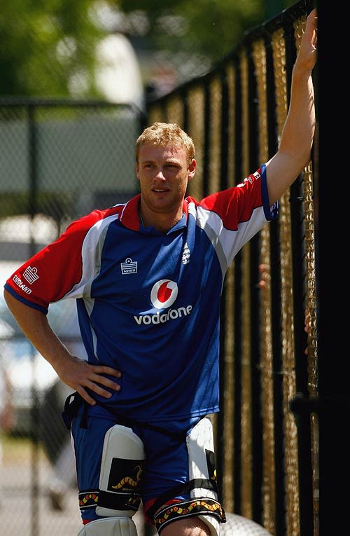 Andrew Flintoff takes a breather during England's net session ...
