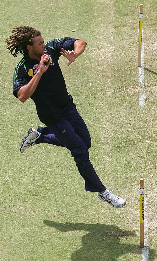 Andrew Symonds approaches his delivery stride in the nets at Perth ...