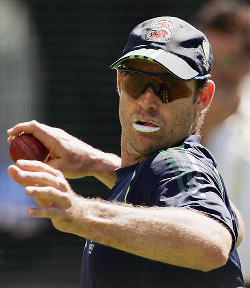Matthew Hayden winds up for a throw during Australia's net session ...