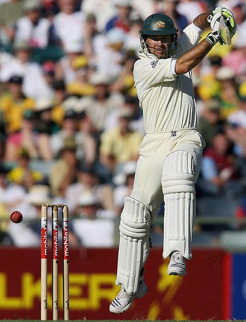 Ricky Ponting plays a cut shot on his way to an unbeaten 57 at stumps | ESPNcricinfo.com