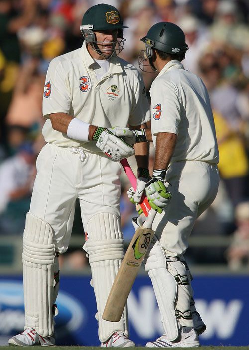 Ricky Ponting congratulates Matthew Hayden on reaching his half-century ...