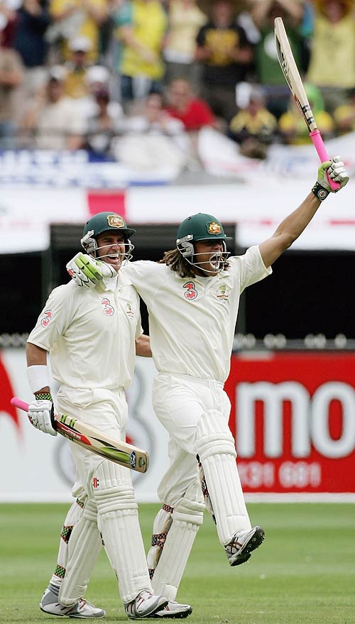Andrew Symonds celebrates with Matthew Hayden after scoring his first ...