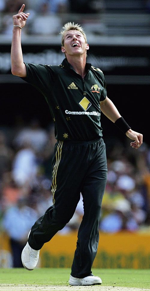 Brett Lee celebrates a wicket during his spell of 2 for 53 ...