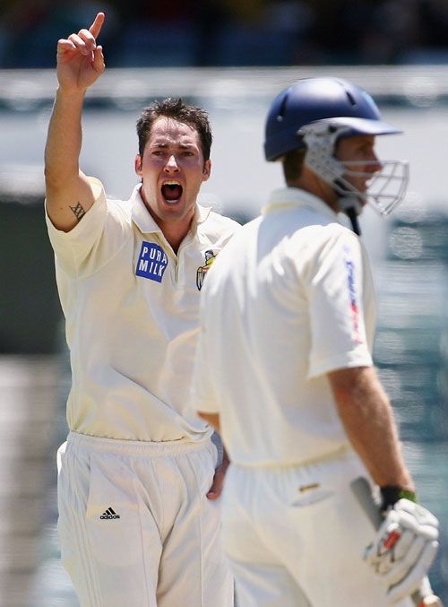 Ben Edmondson gives Phil Jaques the send off after trapping him lbw ...