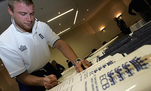 Andrew Flintoff signs bats ahead of England's departure for the World ...