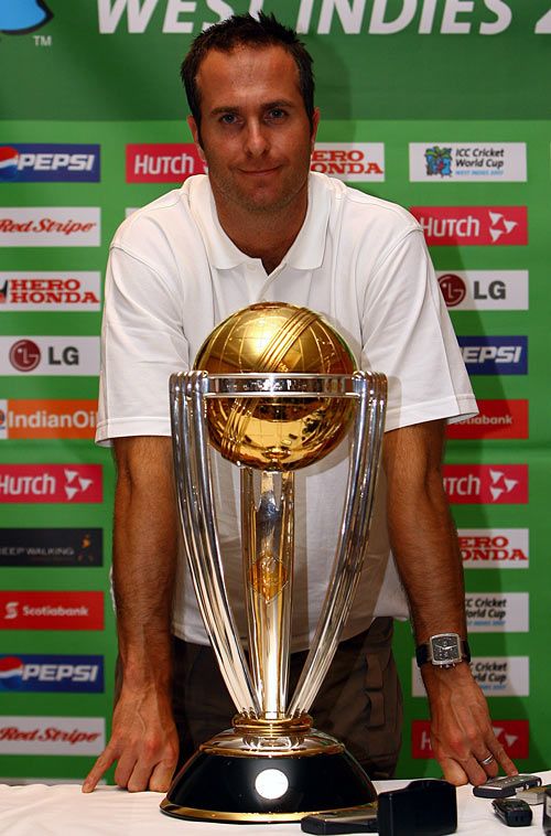 Michael Vaughan poses with the World Cup trophy in Montego Bay ...