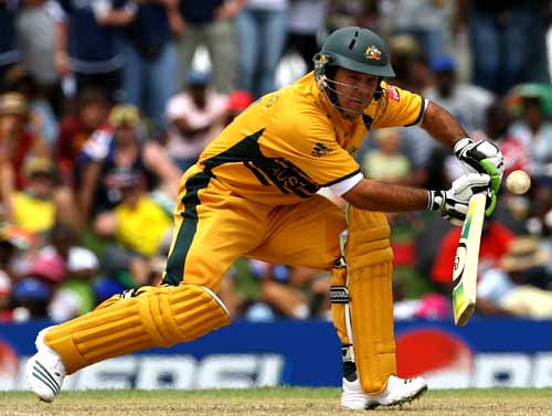 Ricky Ponting drives on his way to his fourth World Cup century ...