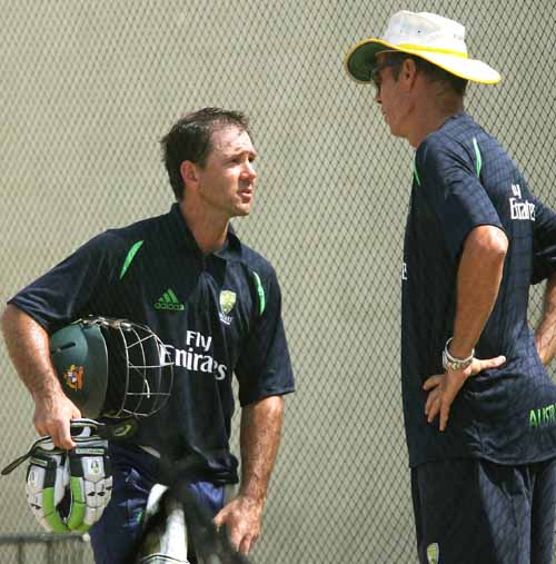 Ricky Ponting converses with John Buchanan during a net session ...