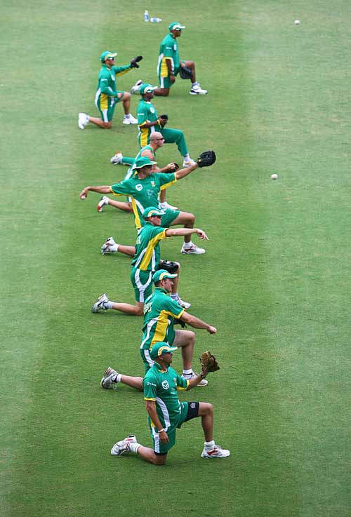 All as one: the South Africans go through their fielding drills ...