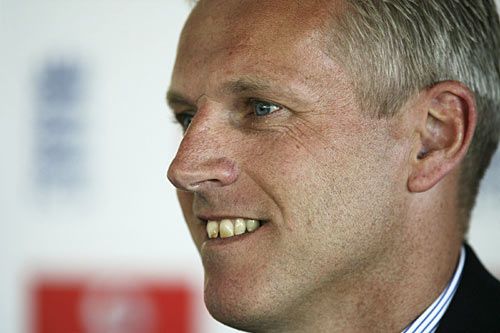 Peter Moores smiles during a press conference at the ECB National ...