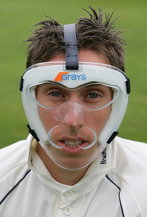 Simon Guy, the Yorkshire wicketkeeper, wears a plastic mask dubbed by ...
