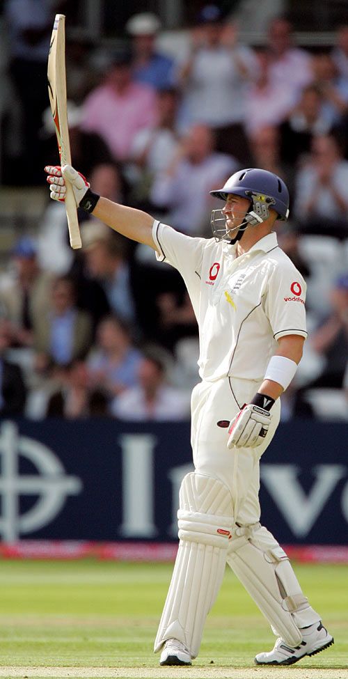 Matt Prior raises his bat to acknowledge his maiden Test hundred on ...