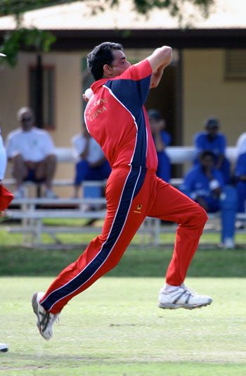 Khalid Khan bowling in the ICC WCL Div 3 warm-up match against Italy ...
