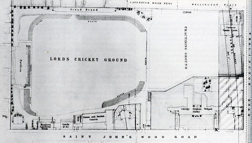 A map of Lord's in 1890 showing the line of the proposed tunnel and the ...