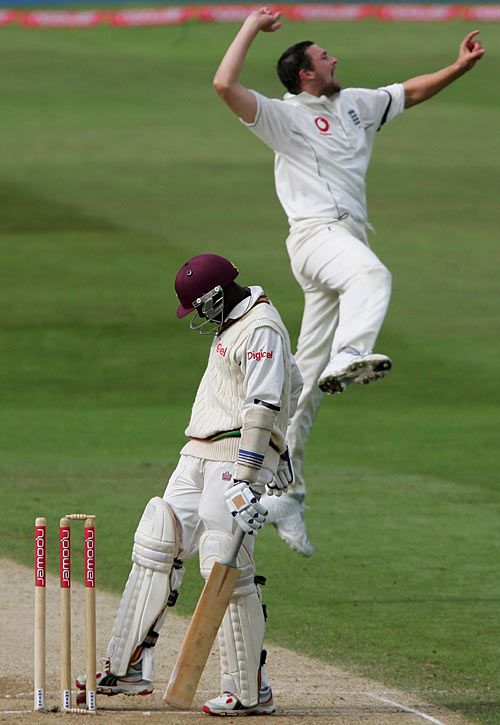 Jerome Taylor watches his bail tumble as Steve Harmison celebrates the ...