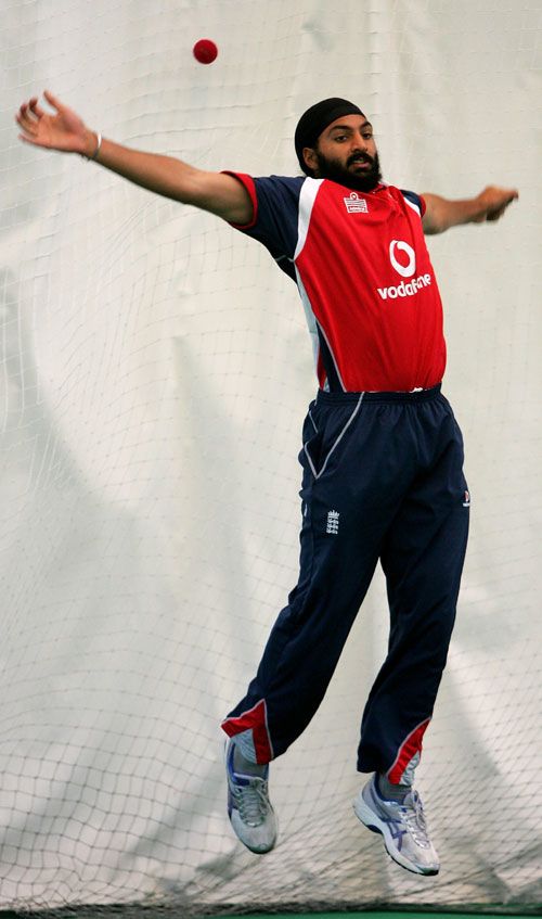 An airborne Monty Panesar during England's indoor practice session | ESPNcricinfo.com