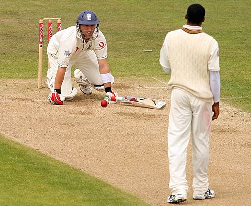 Matt Prior is left on his knees by a Daren Powell full-toss ...