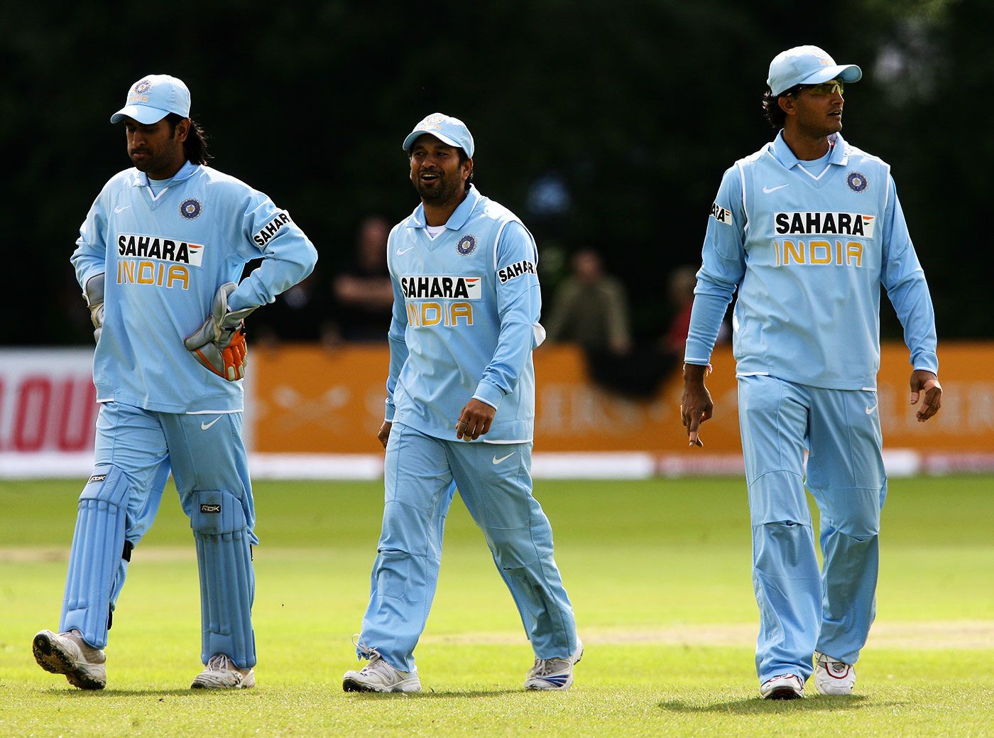 MS Dhoni, Sachin Tendulkar and Sourav Ganguly react with disappointment after an appeal for a ...